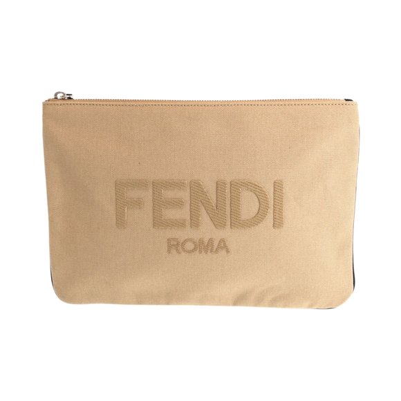 Fendi | Bags | Fendi Fendi Logo Beige Silver Hardware Canvas Clutch Bag ...
